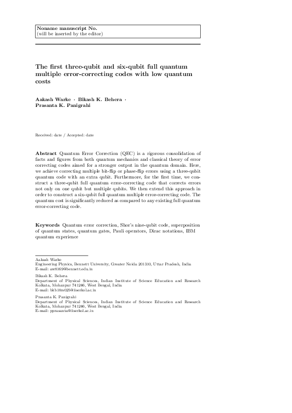 Pdf The First Three Qubit And Six Qubit Full Quantum Multiple Error