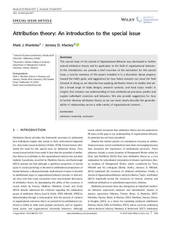 (PDF) Attribution theory: An introduction to the special issue