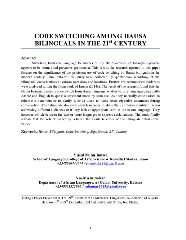 (PDF) CODE SWITCHING AMONG HAUSA BILINGUALS IN THE 21 st CENTURY