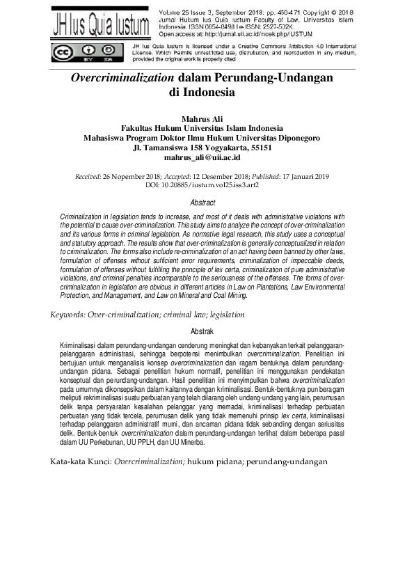 (PDF) Overcriminalization dalam Perundang-Undangan di Indonesia