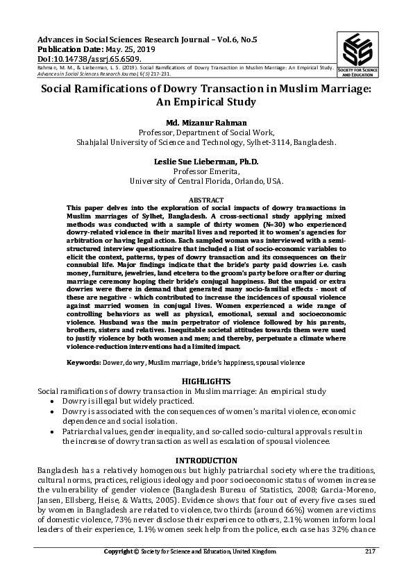 (PDF) Social Ramifications of Dowry Transaction in Muslim Marriage: An ...