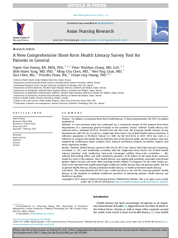 (PDF) A New Comprehensive Short-form Health Literacy Survey Tool for ...