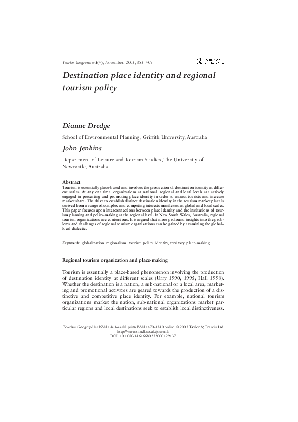 (PDF) Destination place identity and regional tourism policy