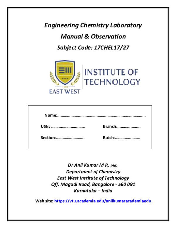 (PDF) Engineering Chemistry Laboratory Manual & Observation Subject ...