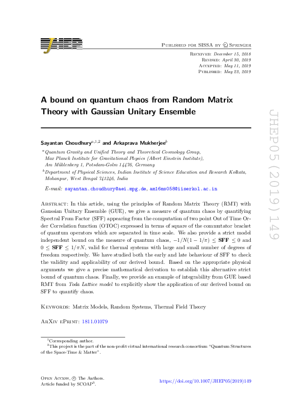 (PDF) A bound on quantum chaos from Random Matrix Theory with Gaussian Unitary Ensemble