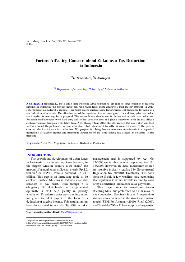 (PDF) Factors Affecting Concern about Zakat as a Tax Deduction in Indonesia