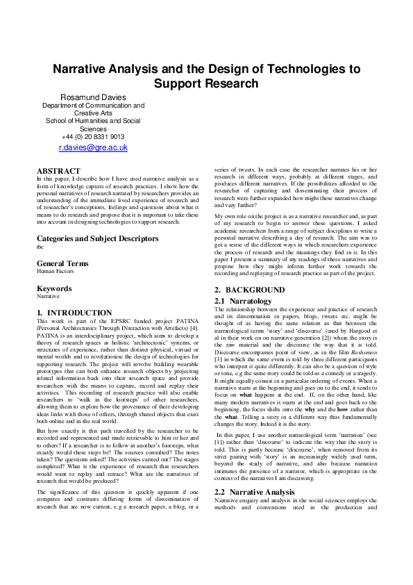 (PDF) Narrative Analysis and the Design of Technologies to Support Research