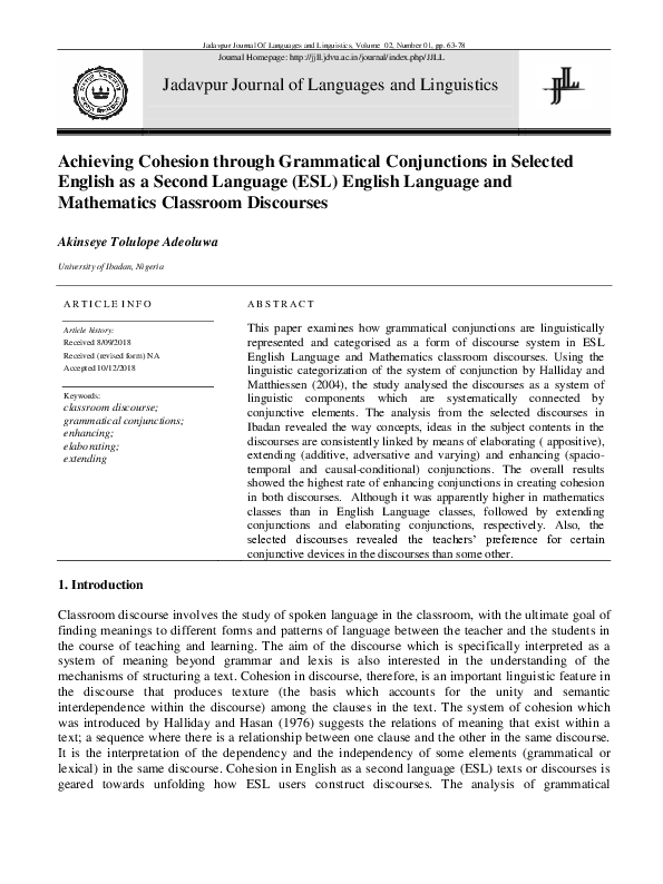 (PDF) Achieving Cohesion through Grammatical Conjunctions in Selected ...