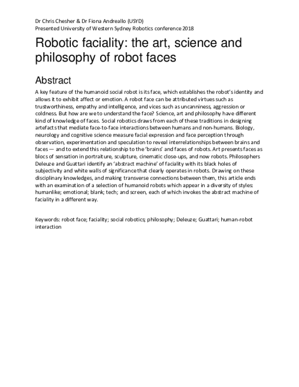 (PDF) Robotic faciality: the art, science and philosophy of robot faces