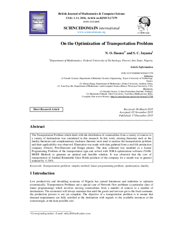 (PDF) On the Optimization of Transportation Problem