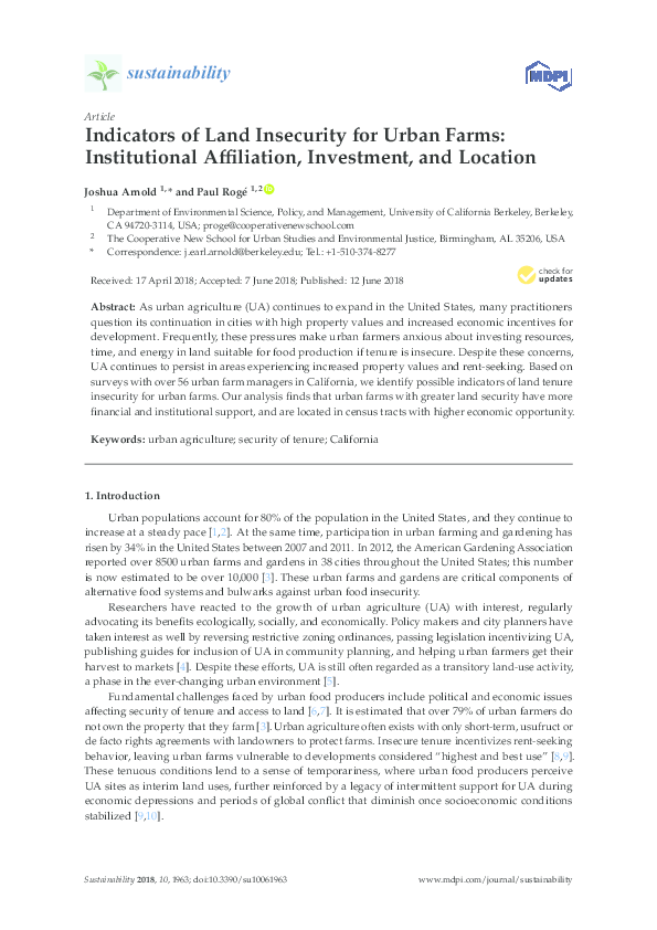(PDF) Indicators of Land Insecurity for Urban Farms: Institutional ...
