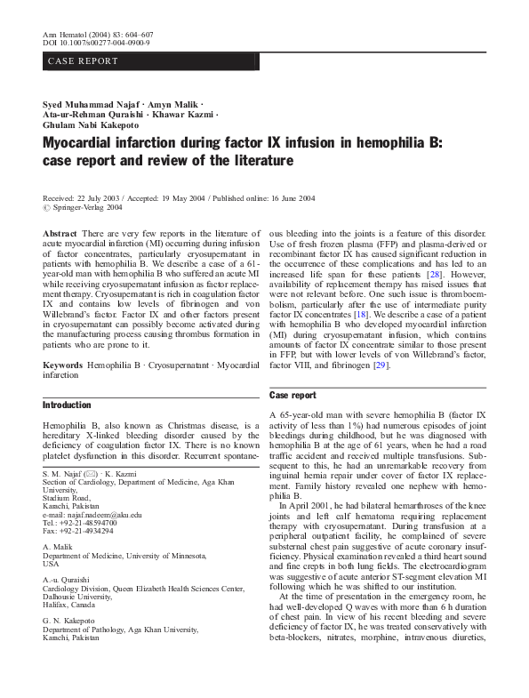 (PDF) Myocardial infarction during factor IX infusion in hemophilia B ...