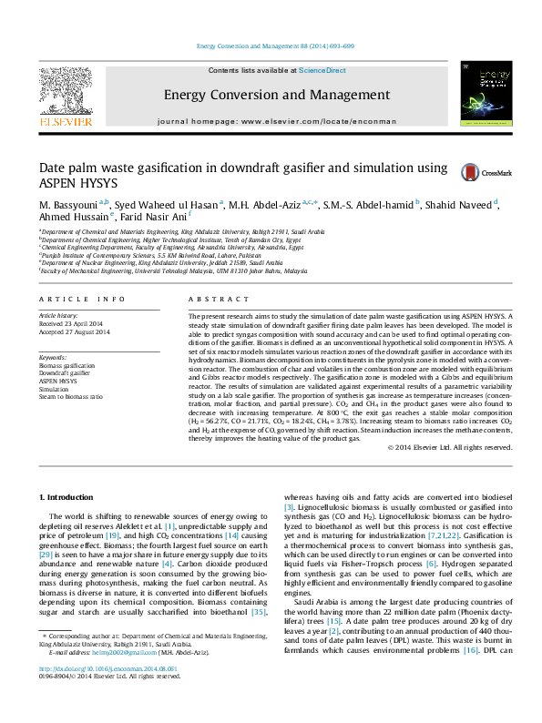 (PDF) Date palm waste gasification in downdraft gasifier and simulation ...