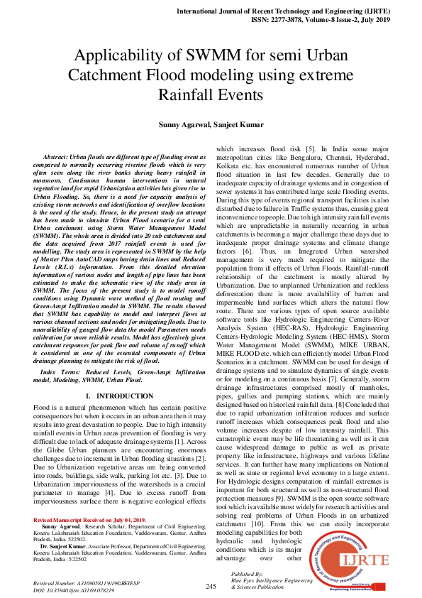 Pdf Applicability Of Swmm For Semi Urban Catchment Flood Modeling Using Extreme Rainfall Events