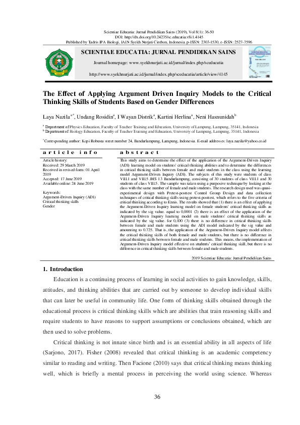 (PDF) The Effect of Applying Argument Driven Inquiry Models to the Critical Thinking Skills of ...