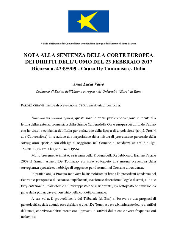 (PDF) NOTA ALLA SENTENZA DELLA CORTE EUROPEA DEI DIRITTI DELL'UOMO DEL ...