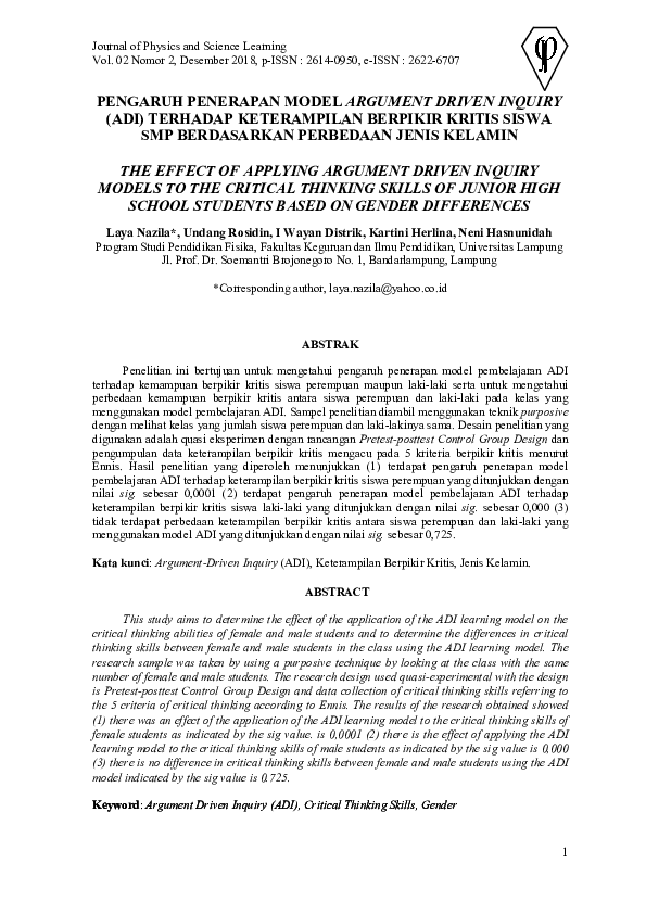 Pdf The Effect Of Applying Argument Driven Inquiry Models To The Critical Thinking Skills Of