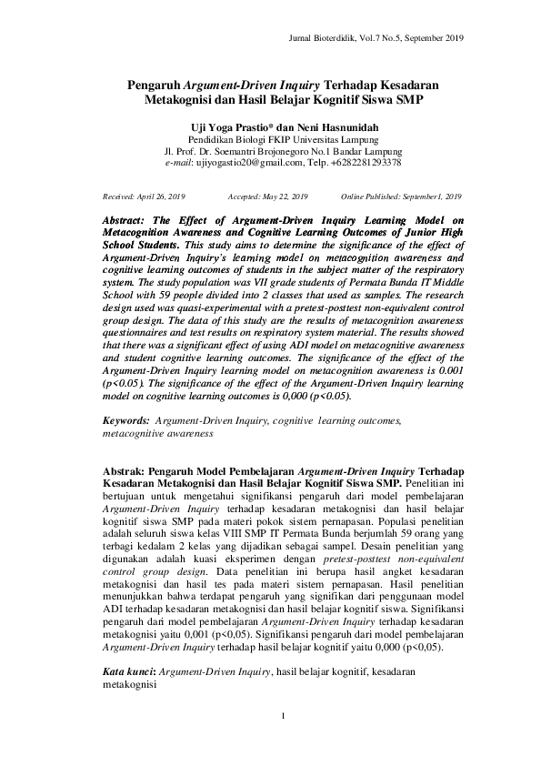(PDF) Pengaruh Argument-Driven Inquiry Terhadap Kesadaran Metakognisi dan Hasil Belajar Kognitif ...