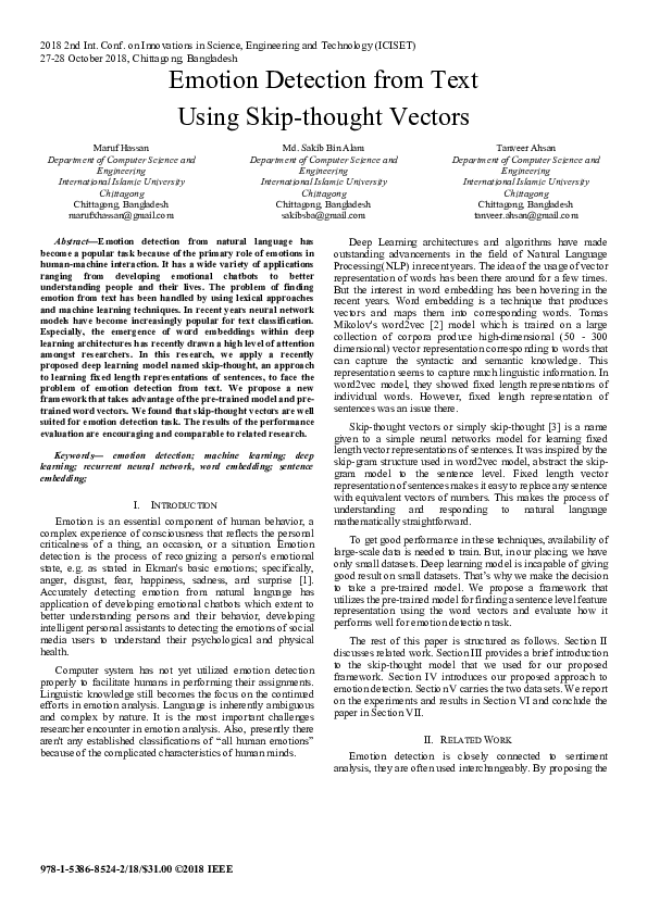 (PDF) Emotion Detection from Text Using Skip-thought Vectors