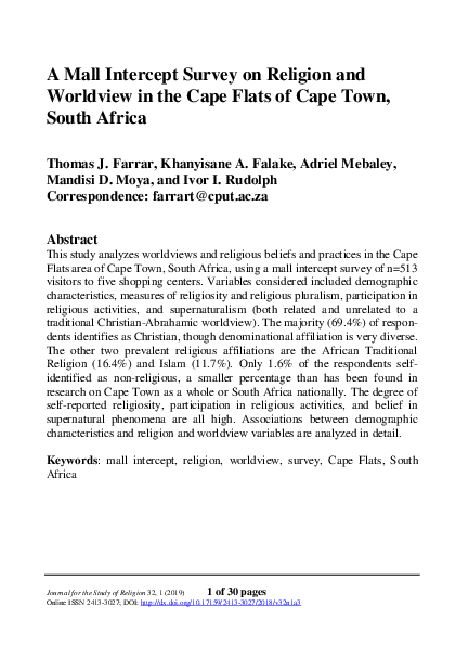 (PDF) A Mall Intercept Survey on Religion and Worldview in the Cape ...