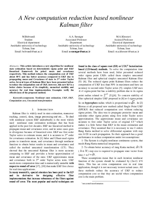Pdf A New Computation Reduction Based Nonlinear Kalman Filter