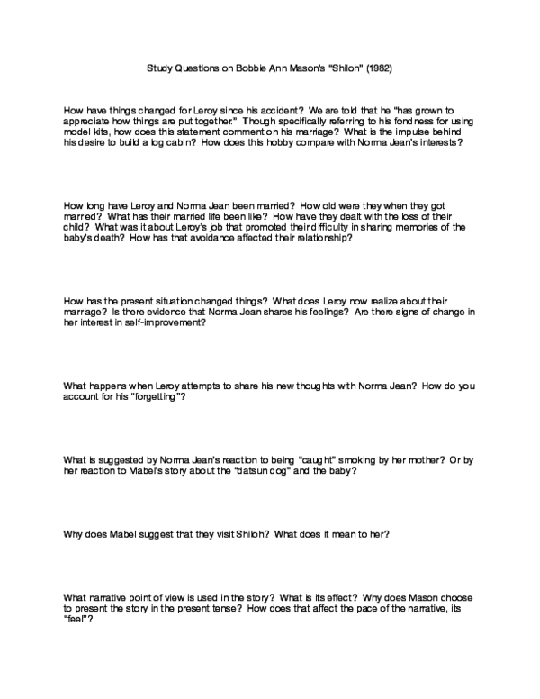 (PDF) Study Questions on Bobbie Ann Mason's "Shiloh" (1982)