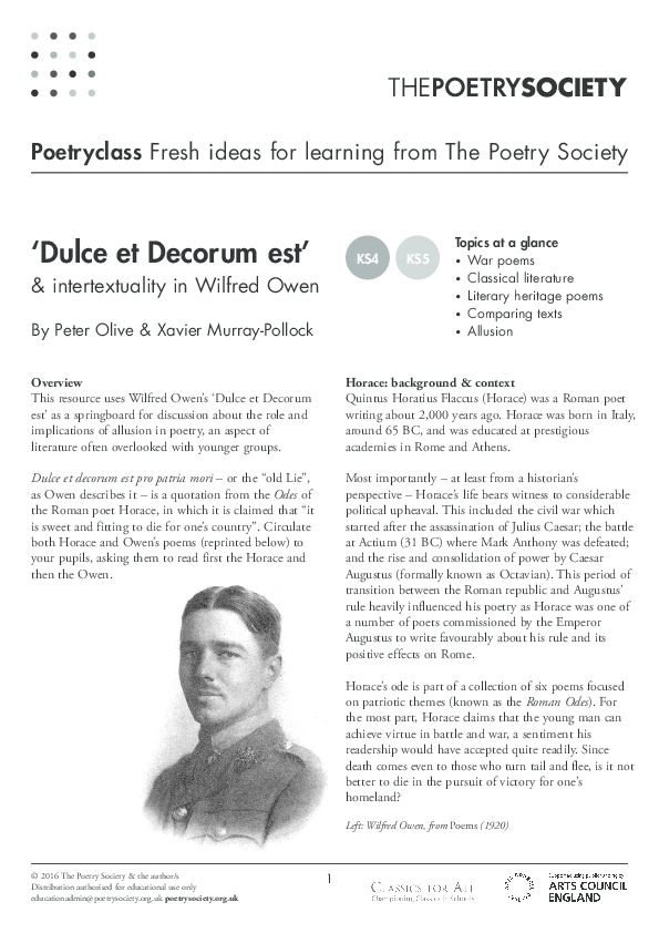 (PDF) ‘Dulce et Decorum est’ & intertextuality in Wilfred Owen
