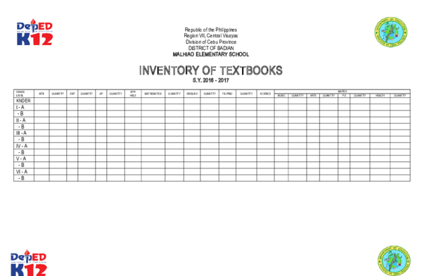 INVENTORY OF TEXTBOOKS | Fredjay Salocot - Academia.edu