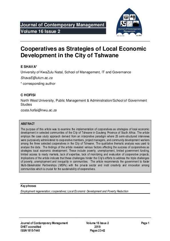 (PDF) Cooperatives as Strategies of Local Economic Development in the ...