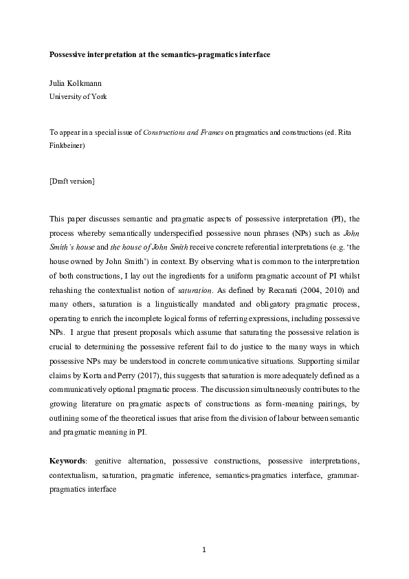 (PDF) Possessive interpretation at the semantics-pragmatics interface