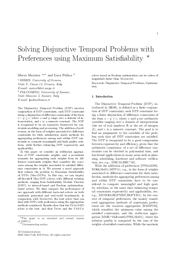 (PDF) Solving disjunctive temporal problems with preferences using maximum satisfiability