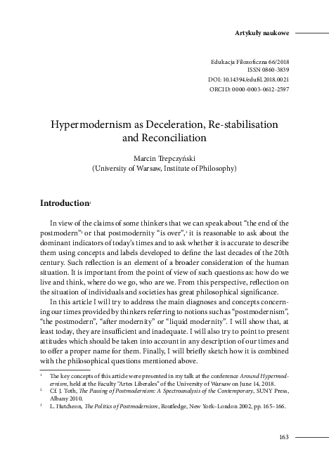 (PDF) Hypermodernism as Deceleration, Re-stabilisation and Reconciliation