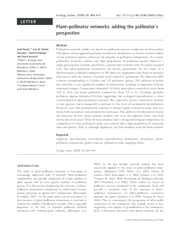 (PDF) Plant pollinator networks: adding the pollinator's perspective