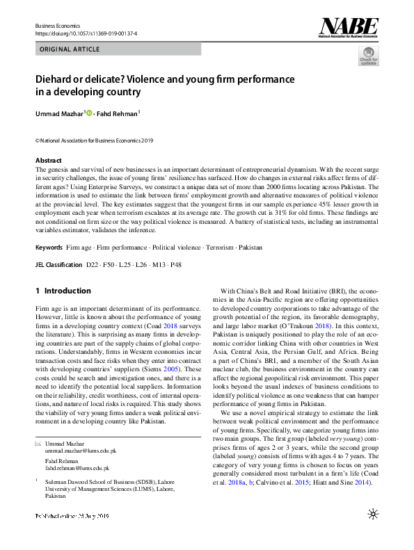 (PDF) Diehard or delicate? Violence and young firm performance in a ...