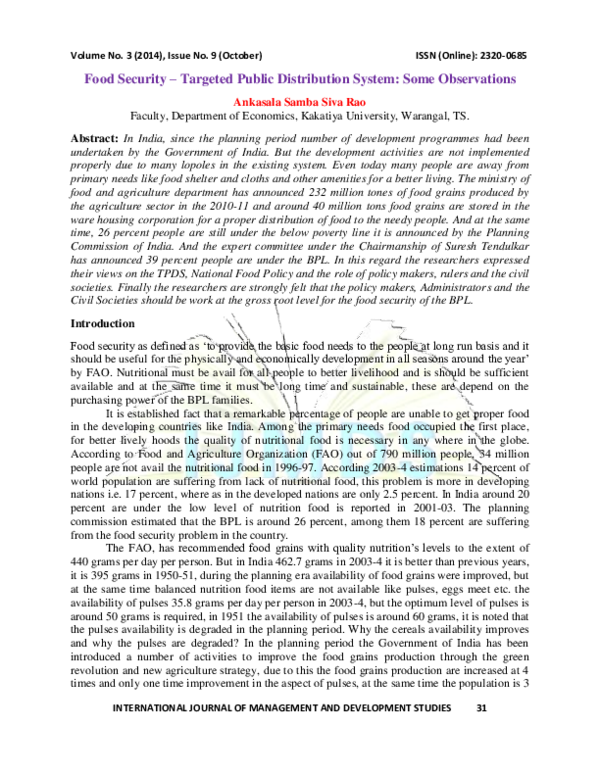 (PDF) Food Security -Targeted Public Distribution System: Some Observations