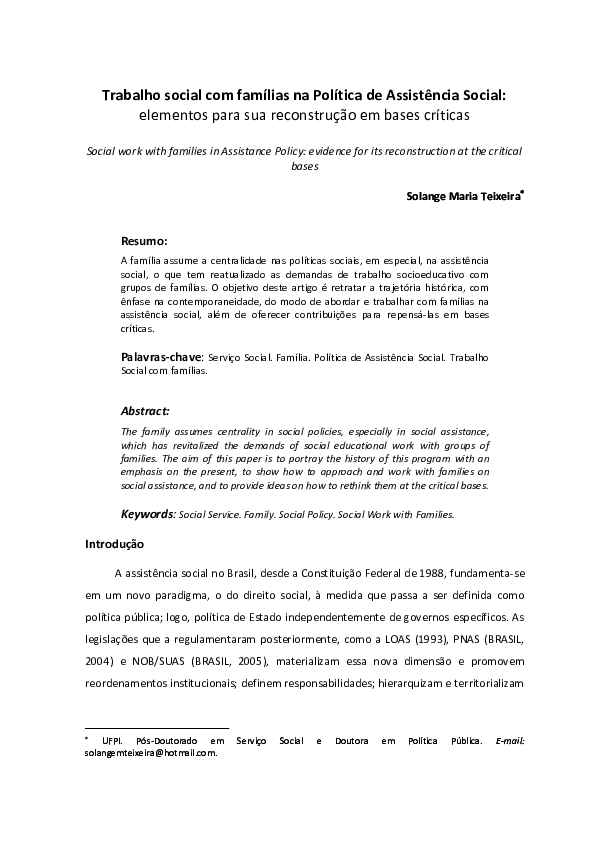 (PDF) Trabalho social com famílias na Política de Assistência Social ...