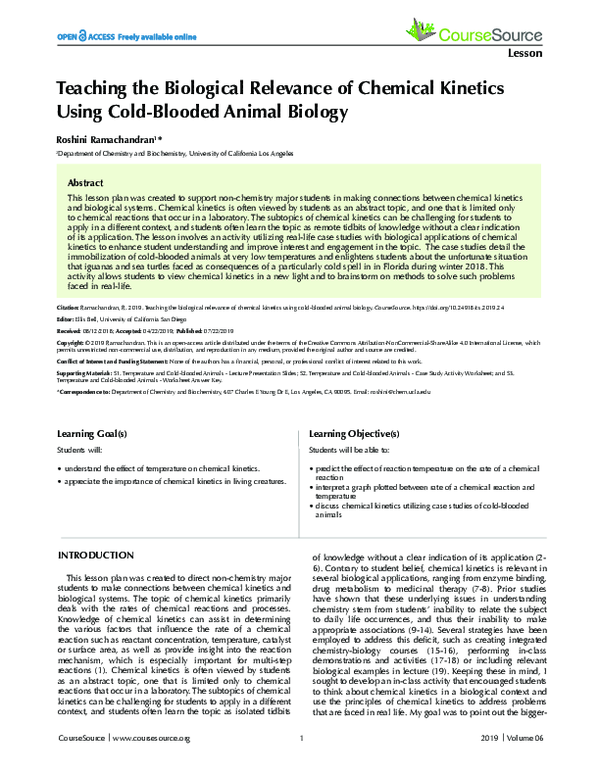 (PDF) Teaching the Biological Relevance of Chemical Kinetics Using Cold ...