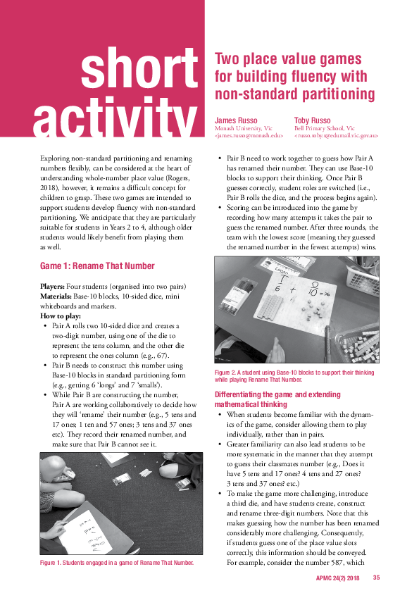 (PDF) Short activity: Two place value games for building fluency with ...