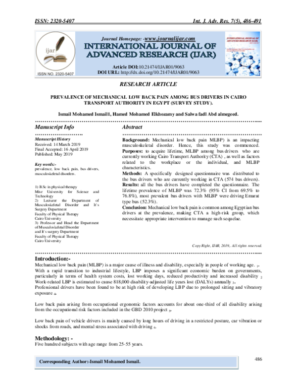 (PDF) PREVALENCE OF MECHANICAL LOW BACK PAIN AMONG BUS DRIVERS IN CAIRO ...