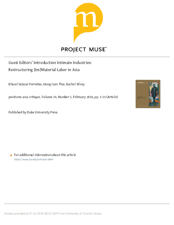 (PDF) Guest Editors' Introduction Intimate Industries: Restructuring ...