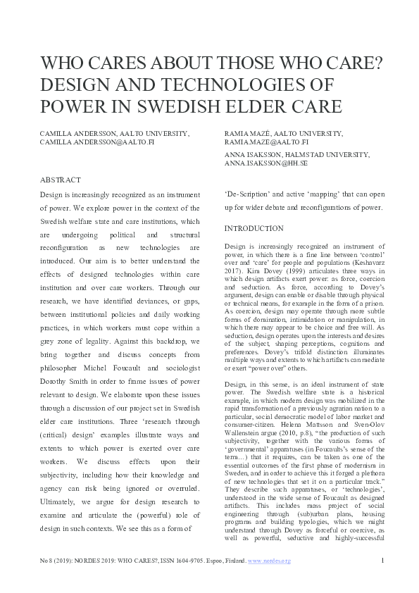 (PDF) Who cares about those who care? Design and technologies of power ...
