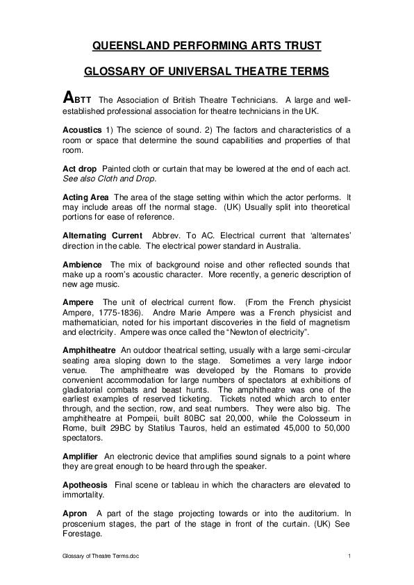(PDF) QUEENSLAND PERFORMING ARTS TRUST GLOSSARY OF UNIVERSAL THEATRE TERMS