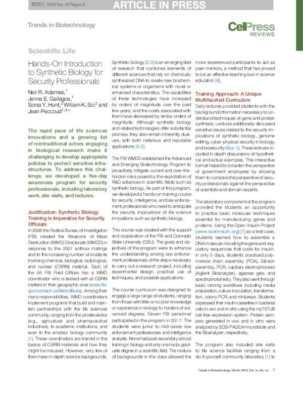 (PDF) Hands-On Introduction to Synthetic Biology for Security Professionals