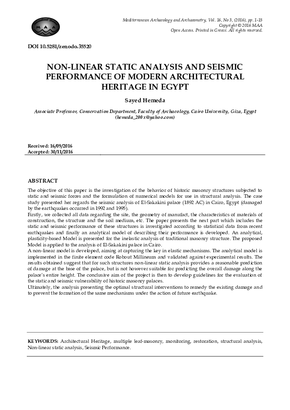 (PDF) NON-LINEAR STATIC ANALYSIS AND SEISMIC PERFORMANCE OF MODERN ARCHITECTURAL HERITAGE IN EGYPT