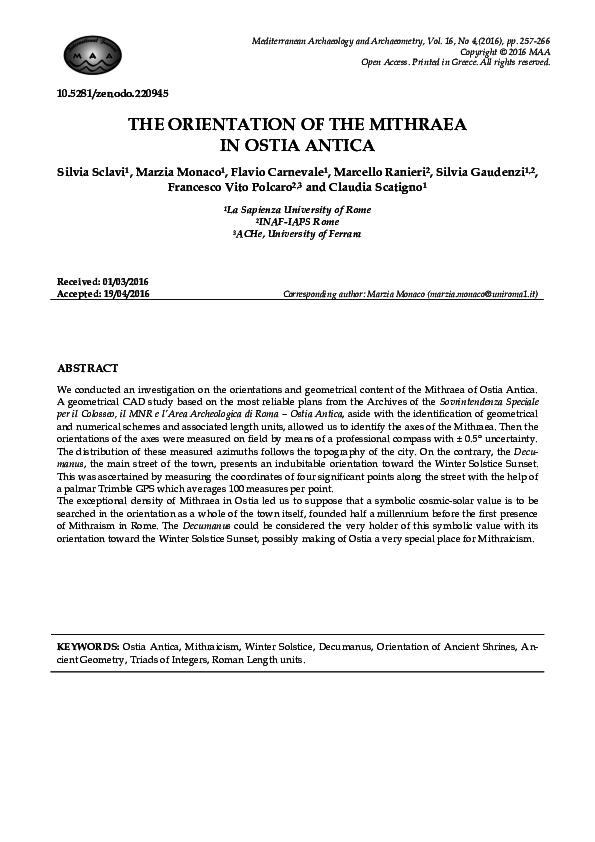 (PDF) THE ORIENTATION OF THE MITHRAEA IN OSTIA ANTICA