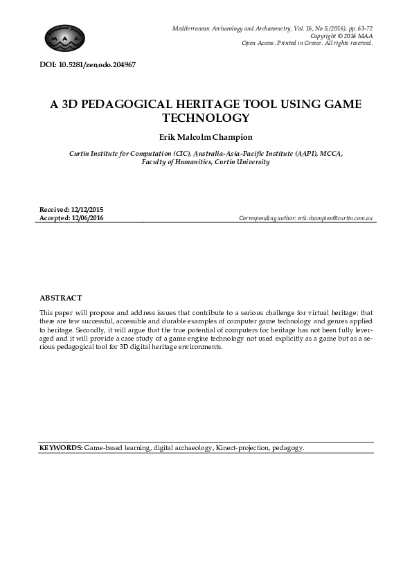 (PDF) A 3D PEDAGOGICAL HERITAGE TOOL USING GAME TECHNOLOGY