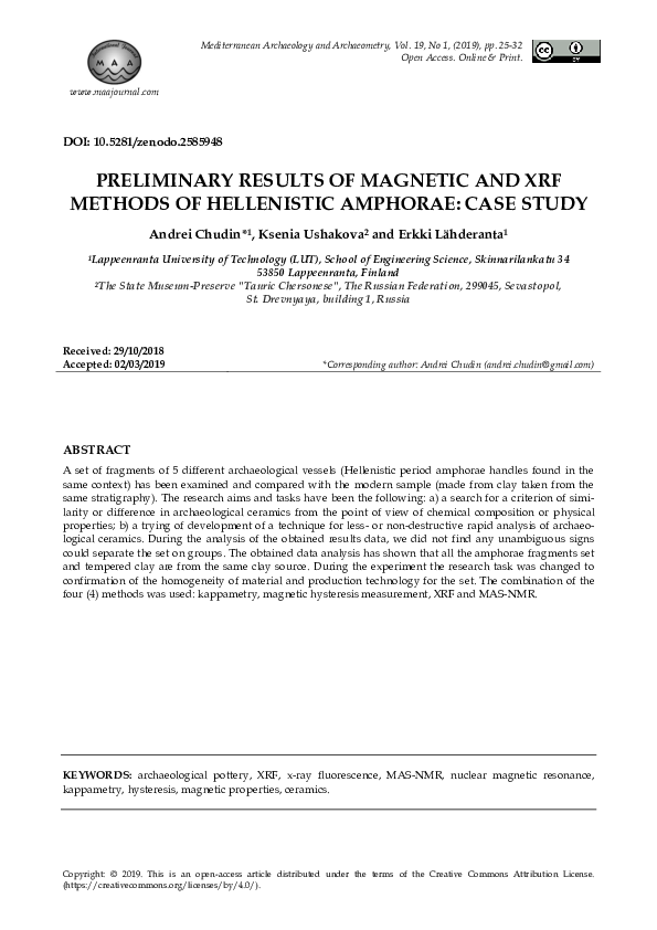 (PDF) PRELIMINARY RESULTS OF MAGNETIC AND XRF METHODS OF HELLENISTIC AMPHORAE: CASE STUDY
