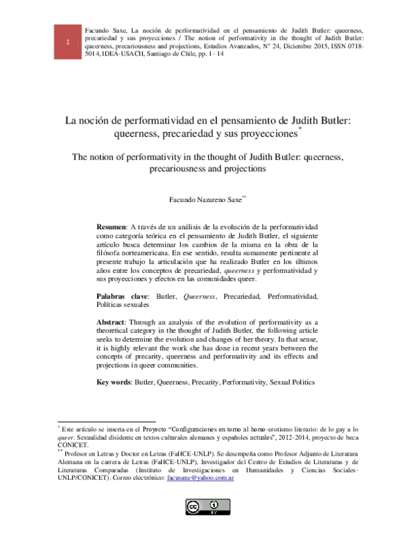(PDF) La noción de performatividad en el pensamiento de Judith Butler ...