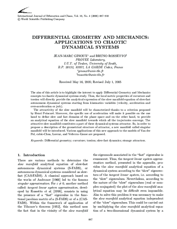 (PDF) DIFFERENTIAL GEOMETRY AND MECHANICS: APPLICATIONS TO CHAOTIC DYNAMICAL SYSTEMS