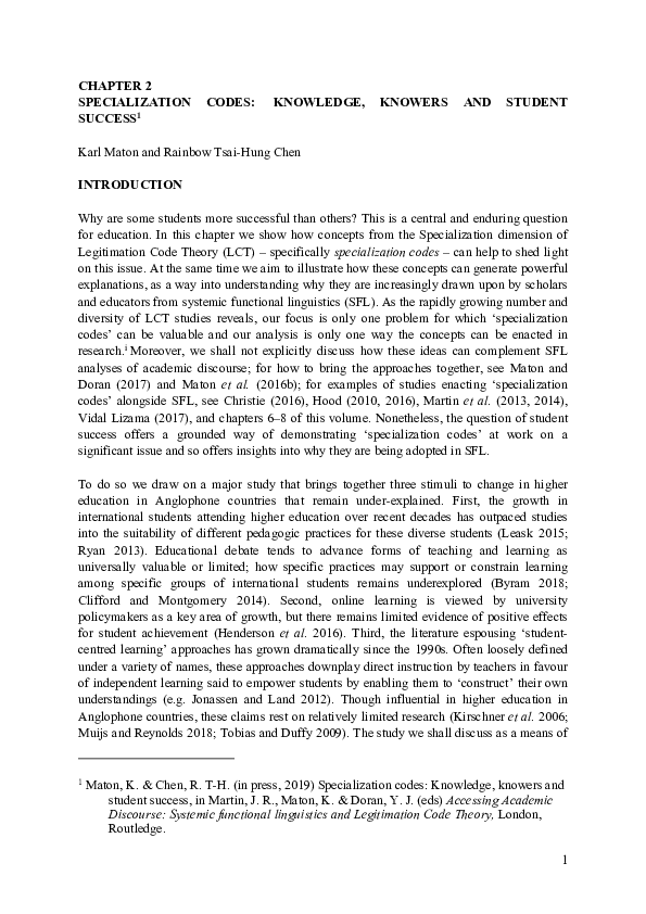 (PDF) Specialization codes: Knowledge, knowers and student success